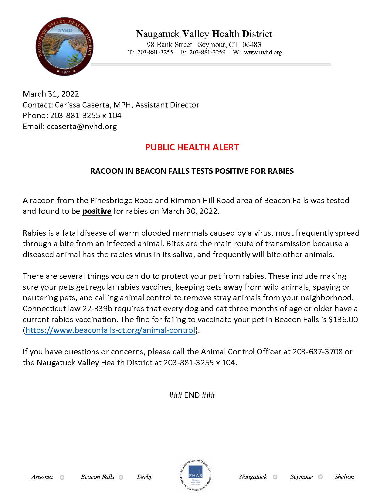 Rabies Alert - Racoon in Beacon Falls 3/30/22 - Naugatuck Valley Health ...