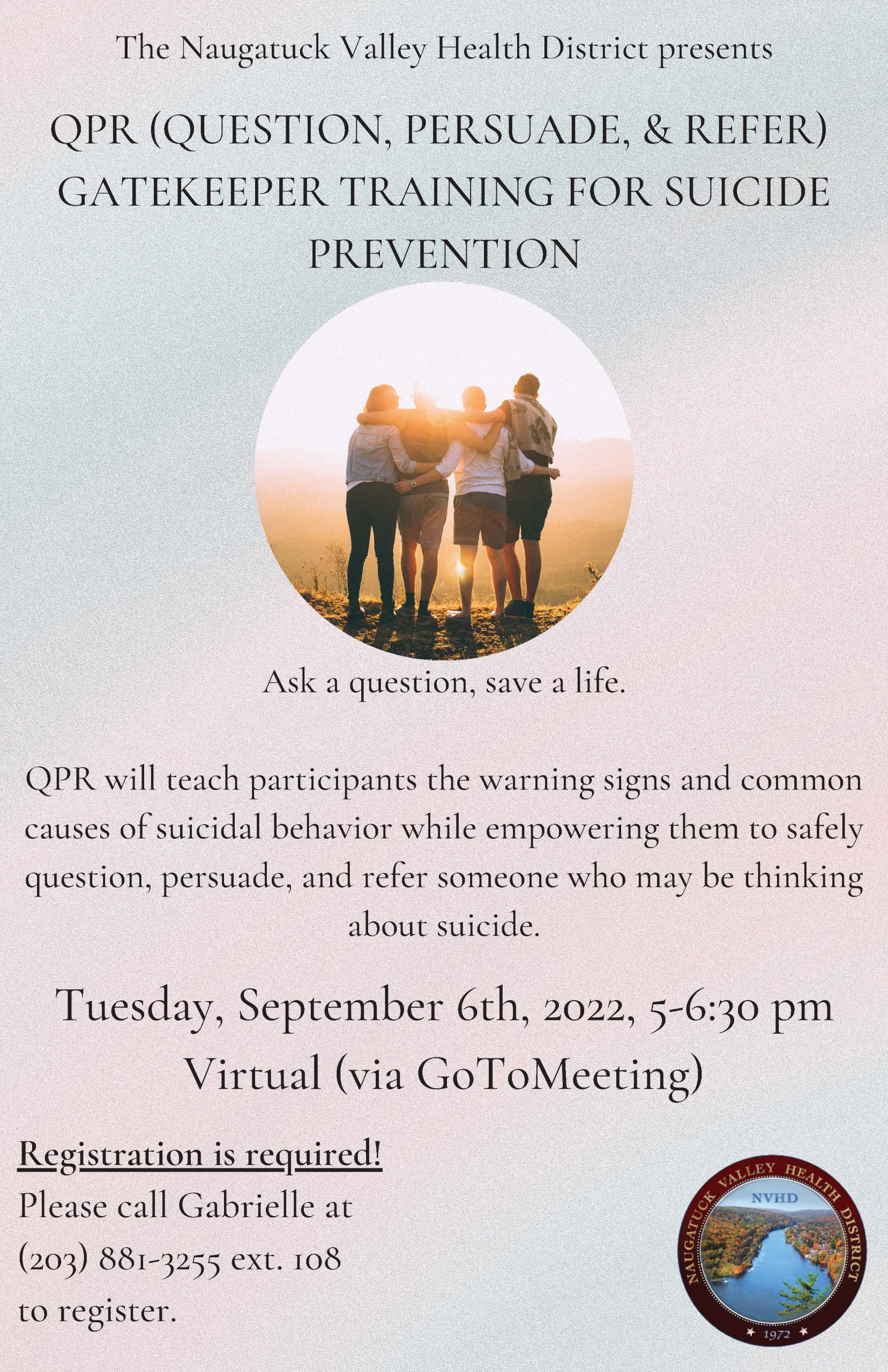 QPR Suicide Prevention Training - Sept 6 - Naugatuck Valley Health District
